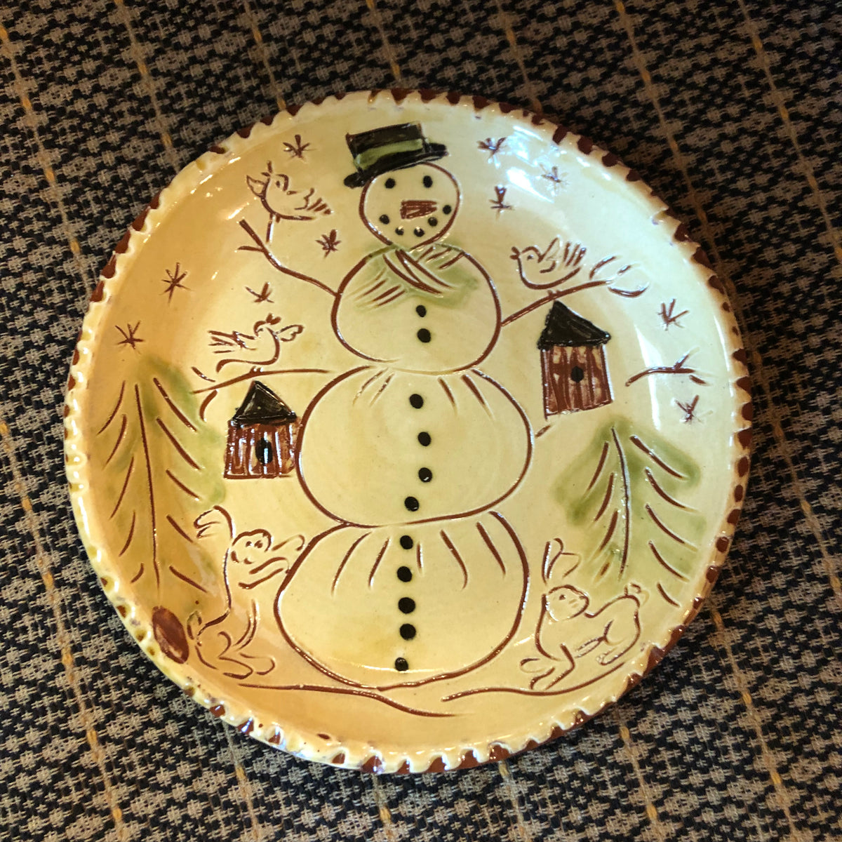 Sgraffito Redware Snowman Plate – Cottage House Primitives